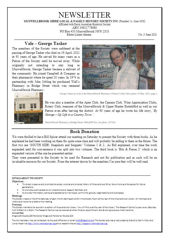 Muswellbrook Shire Local and Family History Society Inc. » Newsletters 2021