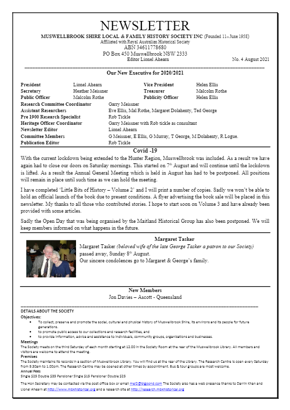 Muswellbrook Shire Local and Family History Society Inc. » Newsletters 2021