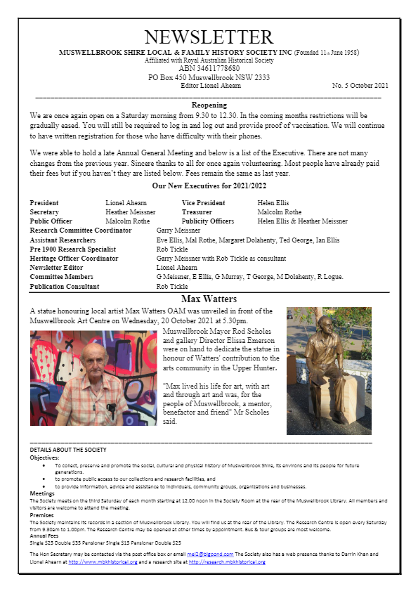 Muswellbrook Shire Local and Family History Society Inc. » Newsletters 2021